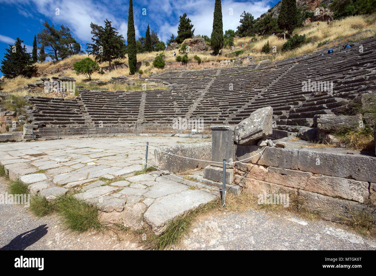 Panorama of Amphitheater in Ancient Greek archaeological site of Delphi ...