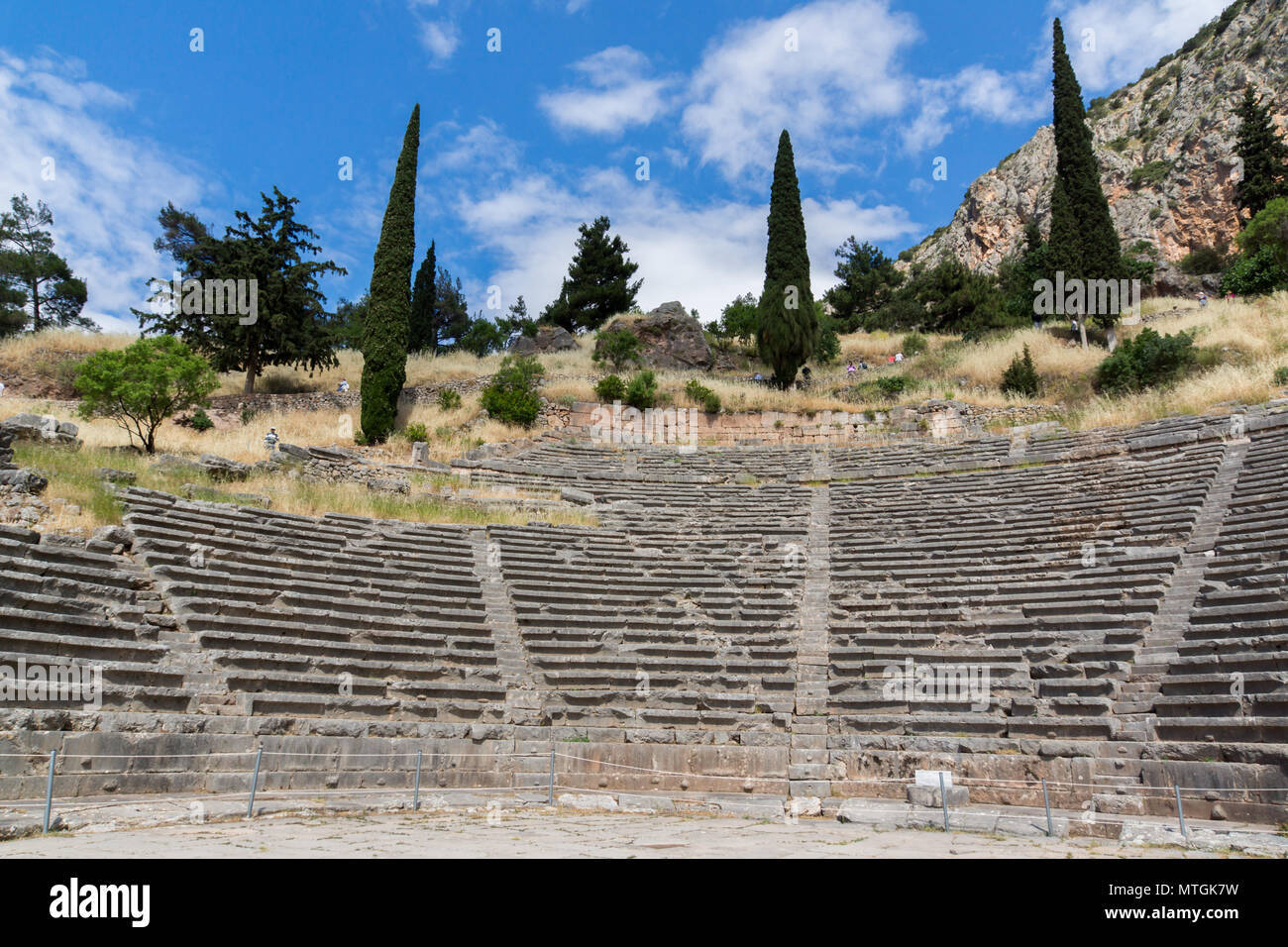 Panorama of Amphitheater in Ancient Greek archaeological site of Delphi ...