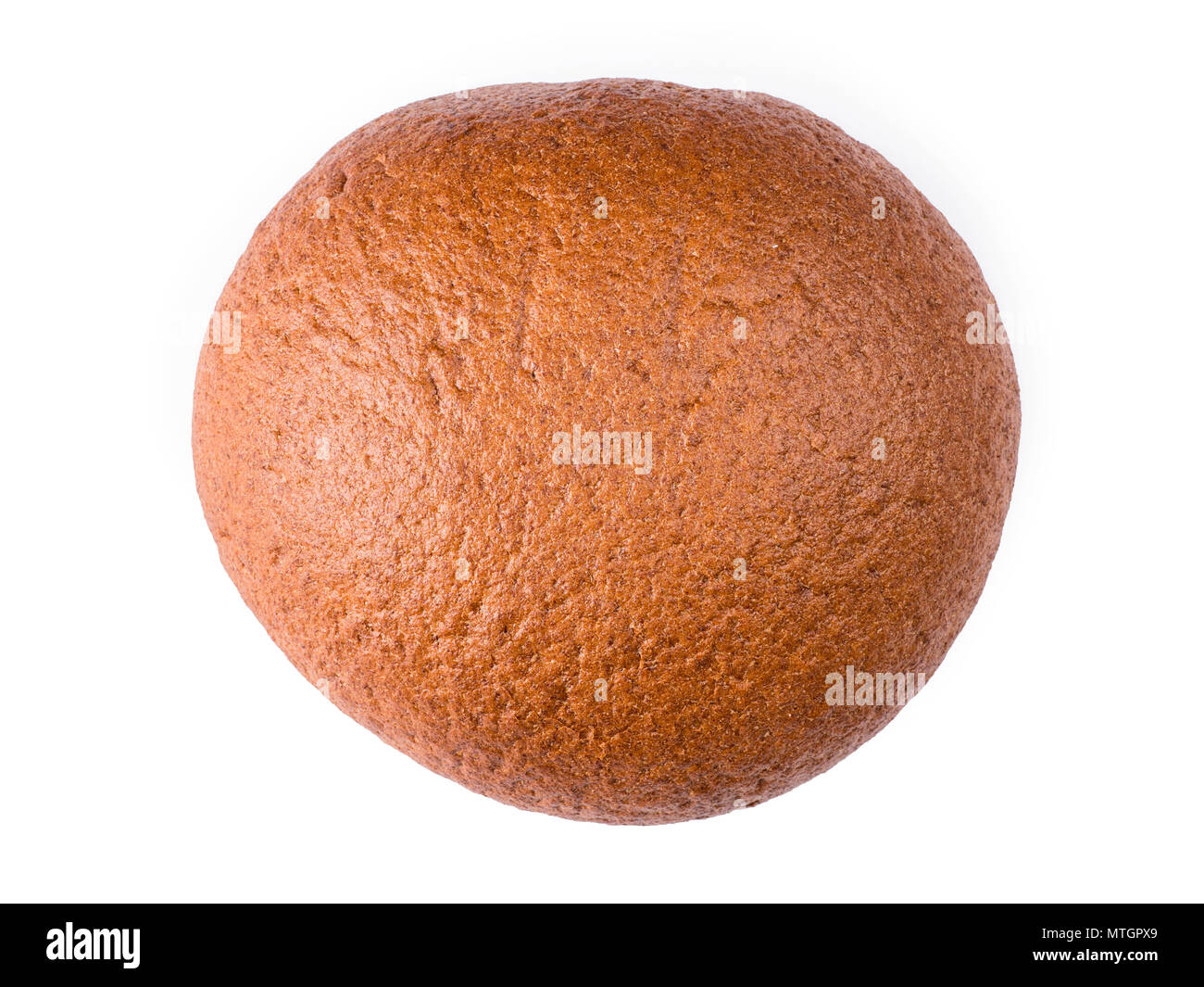 Round loaf of brown rye bread. Top view isolated on white, clipping ...