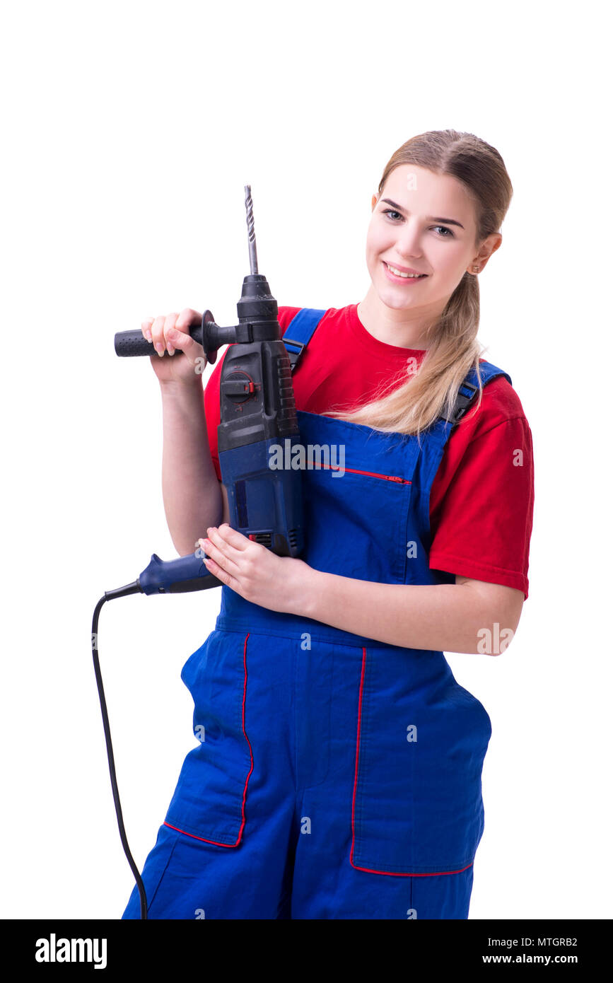 Young woman with power drill isolated on white Stock Photo - Alamy