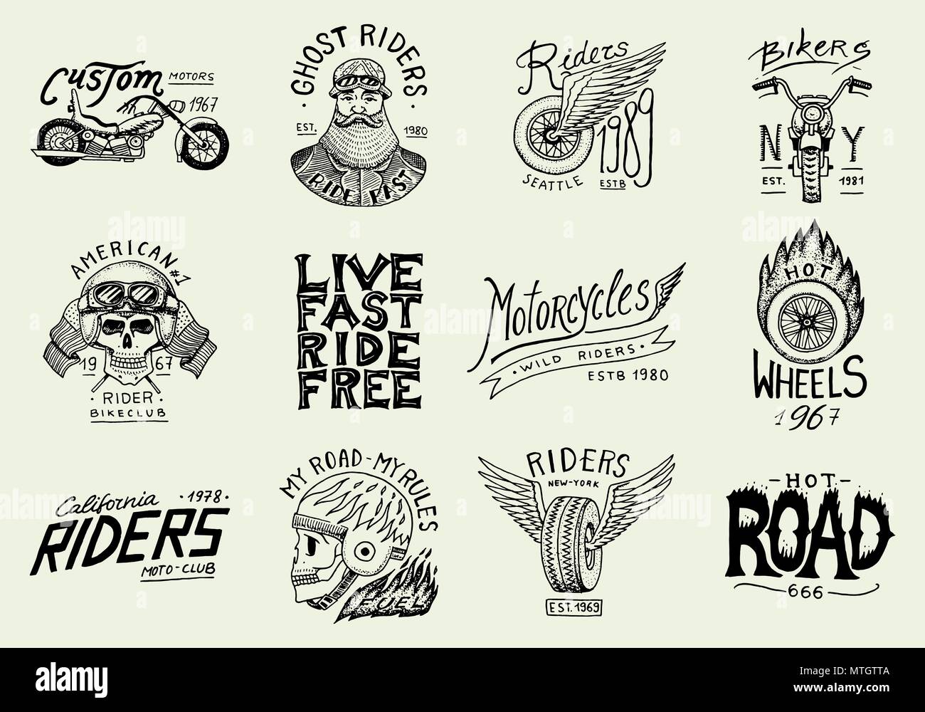 Motorcycles and biker club templates. Vintage custom skull emblems ...