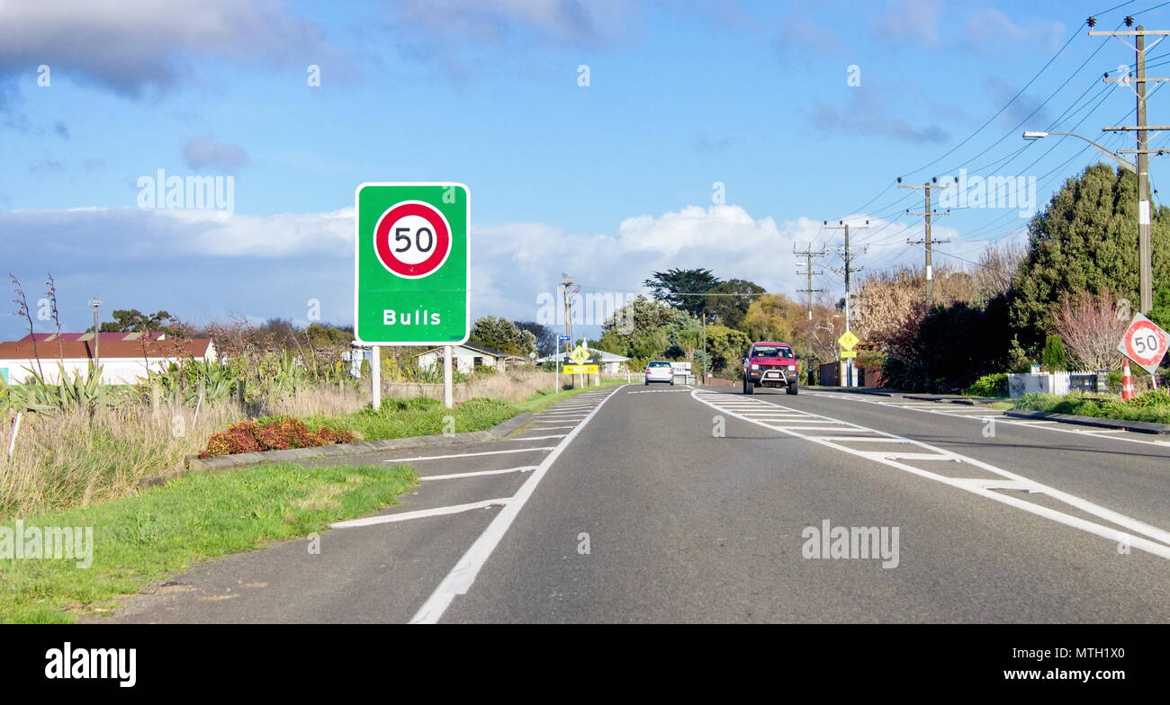 Bulls, New Zealand - 2 July 2016: Road sign designating a fifty ...