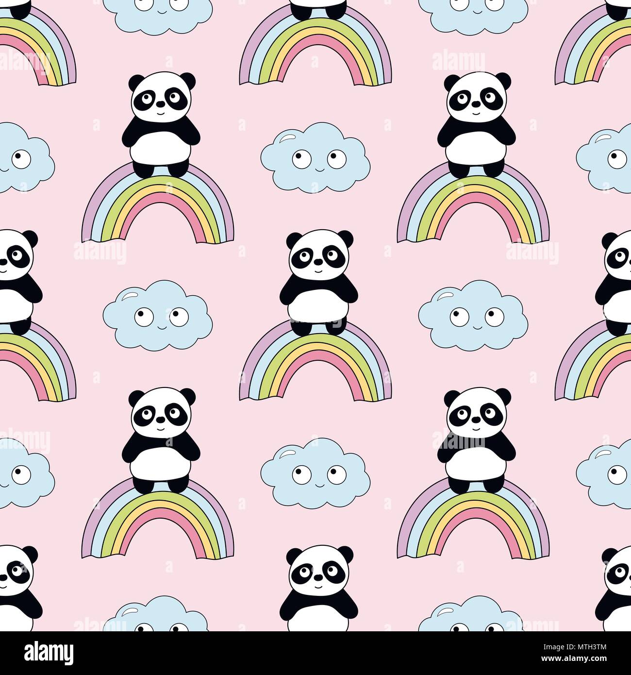 Seamless baby pattern with cute pandas, rainbow and clouds Stock Vector ...