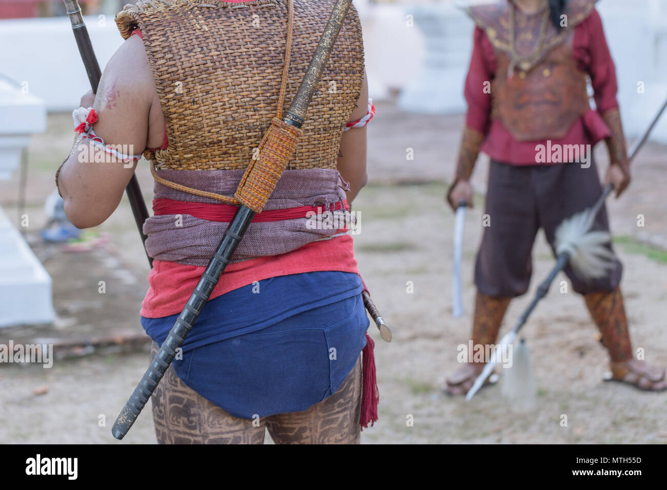 Thai ancient warrior swordsmanship fighting action with sword and spear ...