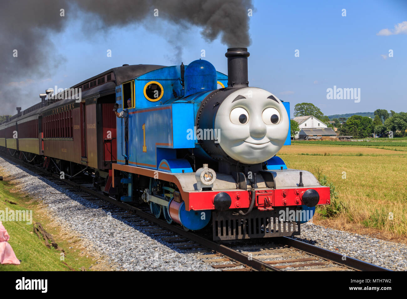 Strasburg, PA, USA – June 19, 2016: Thomas the Tank Engine chugs toward ...