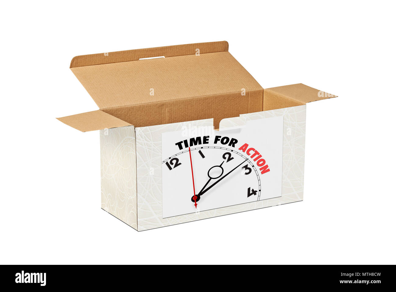 Real Cardboard box opened with Time for action words Stock Photo - Alamy