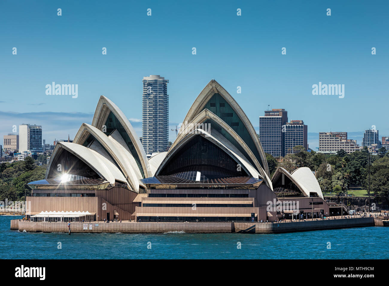 Close up view of the Sydney Opera House, as sunlight reflects off the ...