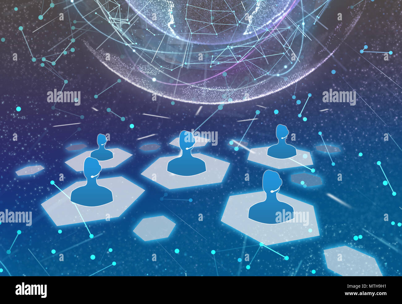 Earth in the dark blue background and a call centre network on top of ...