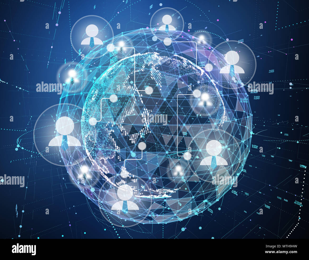 Close up of the Earth in the dark blue background and a network on top ...