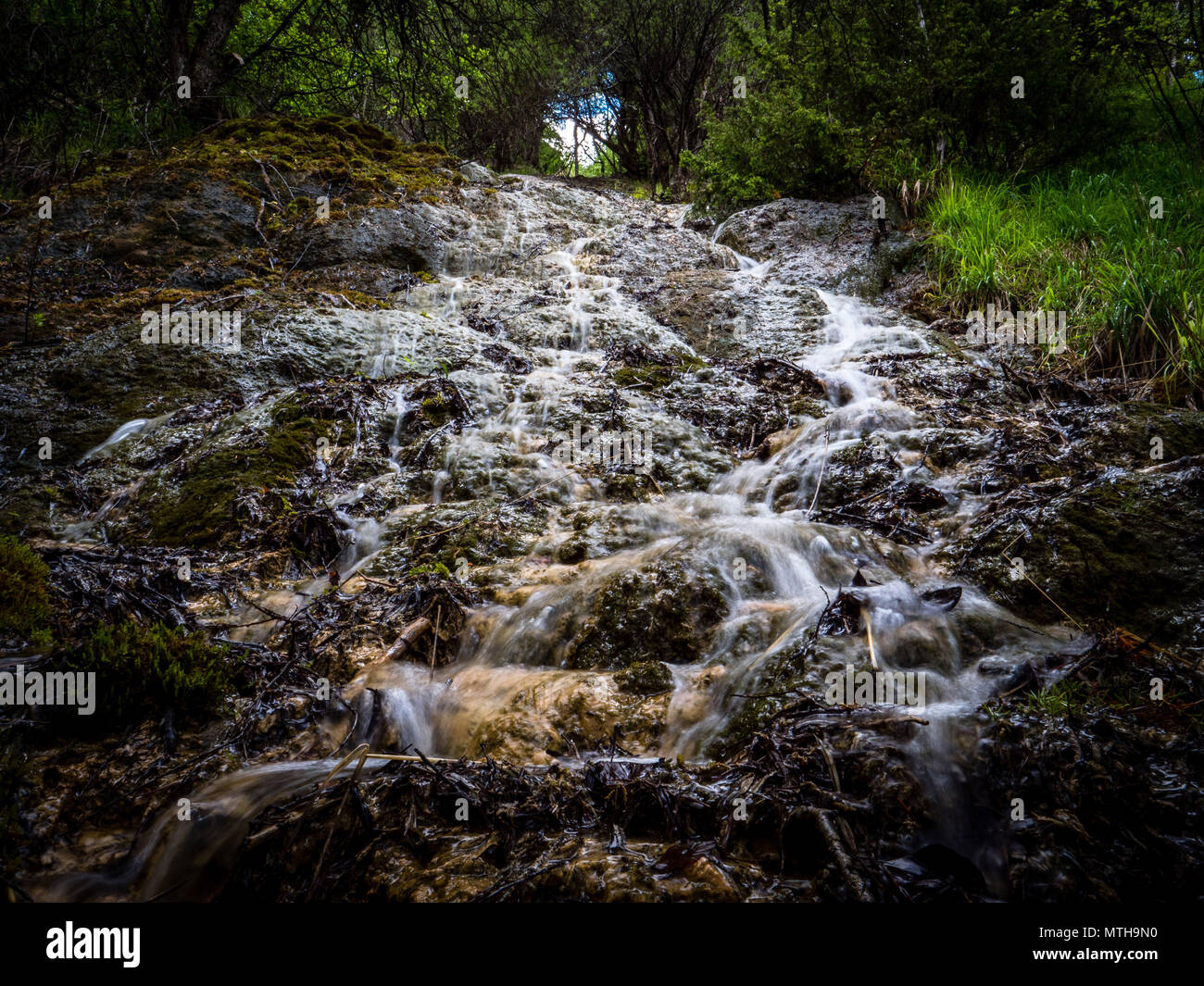 water flows down moss hill, dark Stock Photo - Alamy