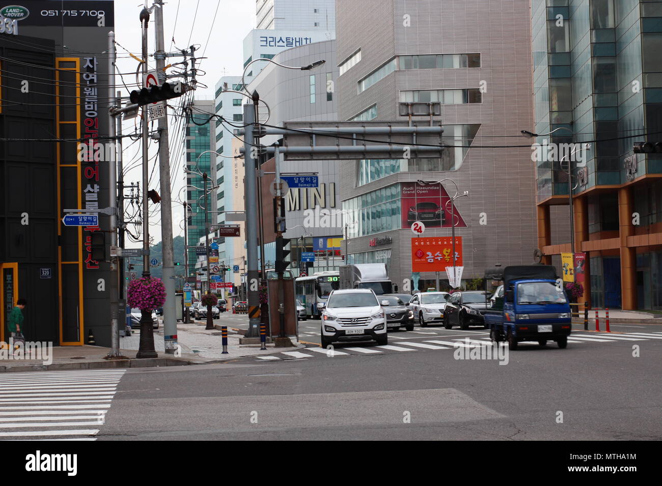 Street movement in Haeundae, Busan, South Korea. Cars waits for traffic ...