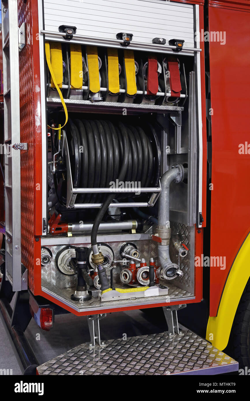 Fire Pump Engine With Valves and Hoses Stock Photo - Alamy