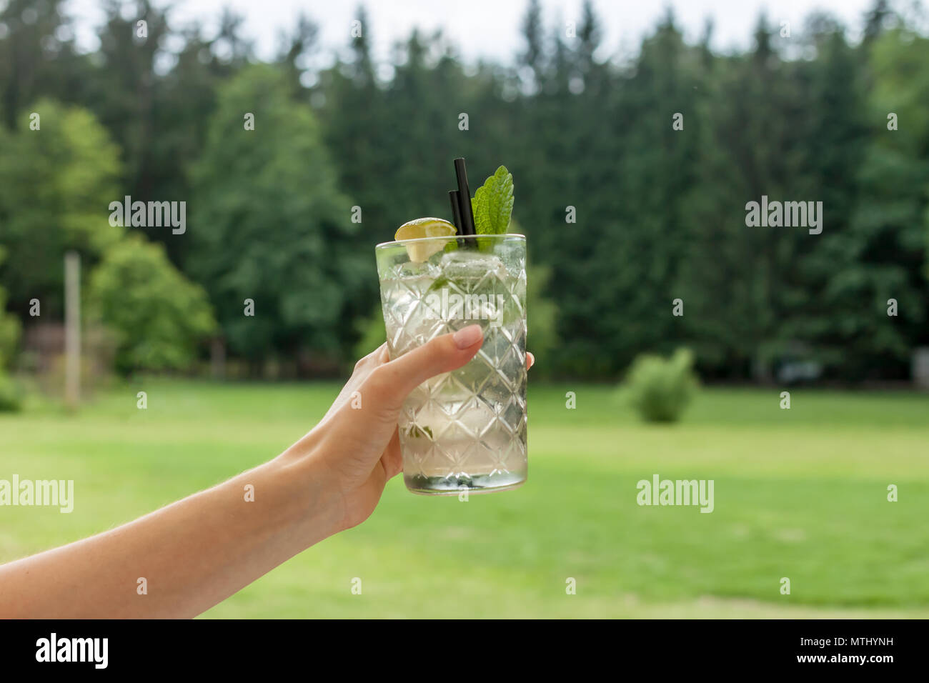 glass of mojito in female hand Stock Photo - Alamy