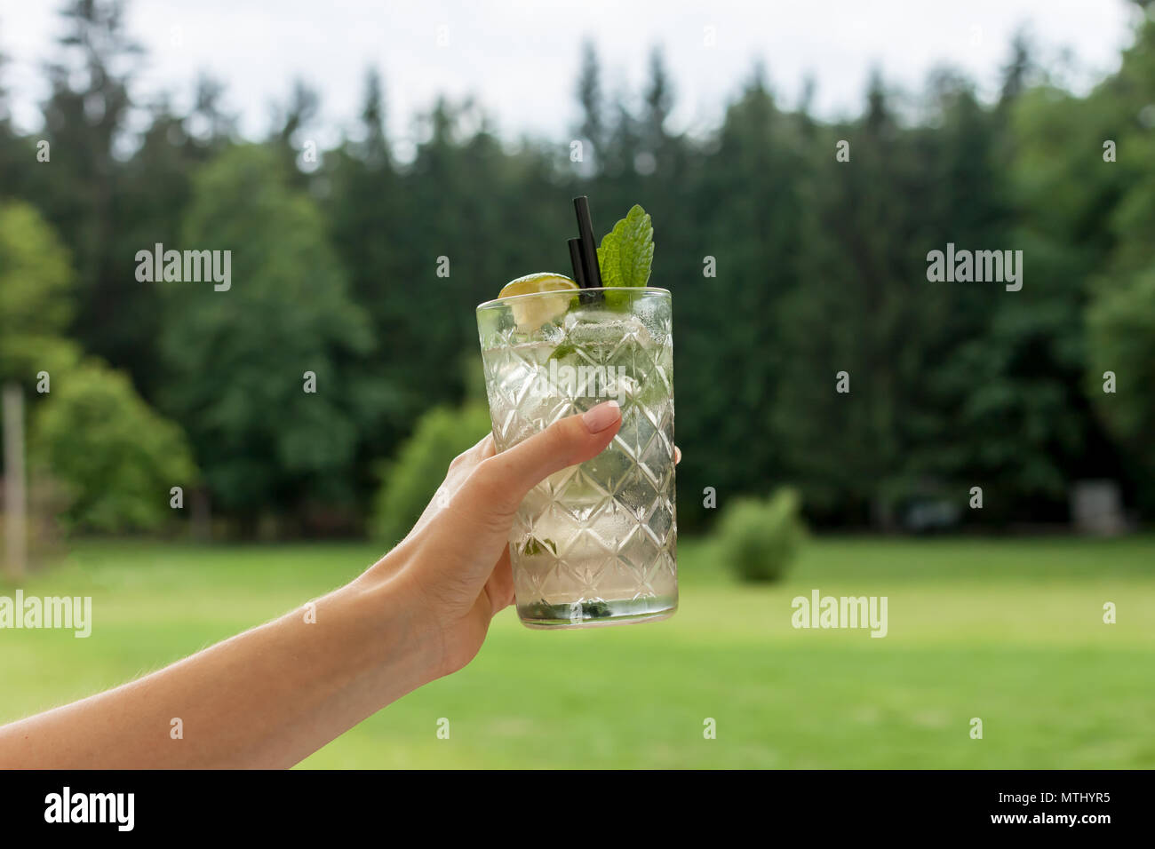 glass of mojito in female hand Stock Photo - Alamy