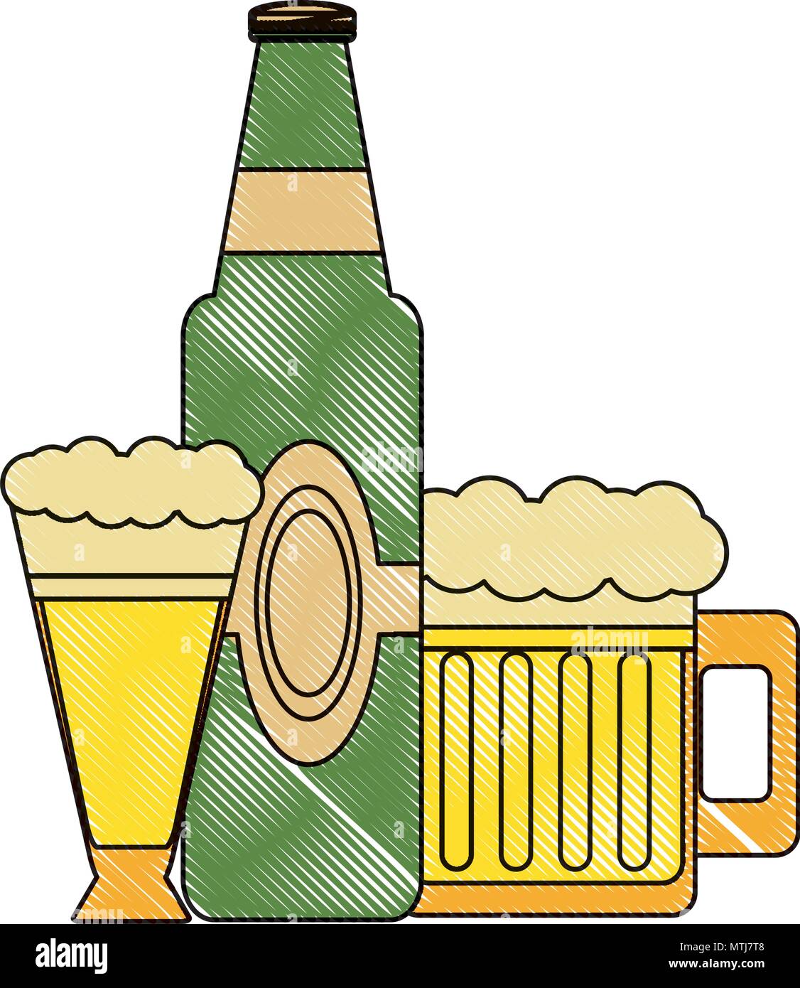 german beer bottle and mugs over white background, vector illustration ...