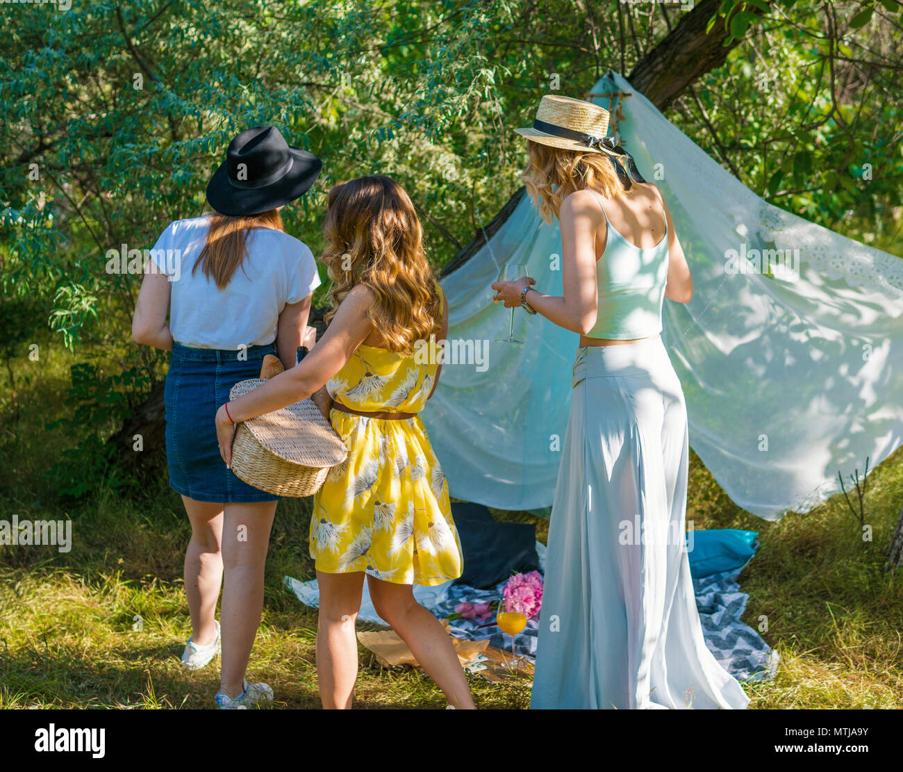 Group of girls friends making picnic outdoor Stock Photo - Alamy