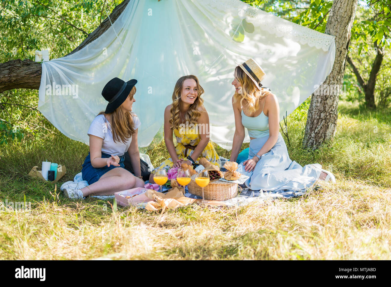 Group of girls friends making picnic outdoor Stock Photo - Alamy