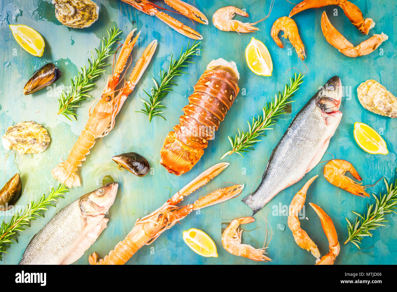 Fresh seafood and fish flat lay scene blue background, retro toned ...