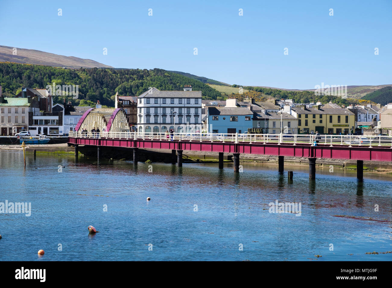 Swing Bridge and road on stilts across harbour and Sulby River. Ramsey ...