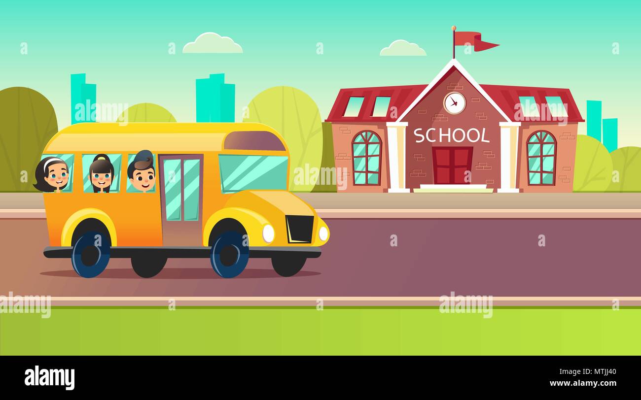 School kids riding a schoolbus. Happy pupils watching from windows ...