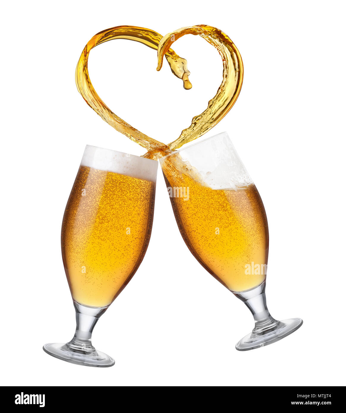 love to beer concept two glasses toasting and creating splash of heart ...