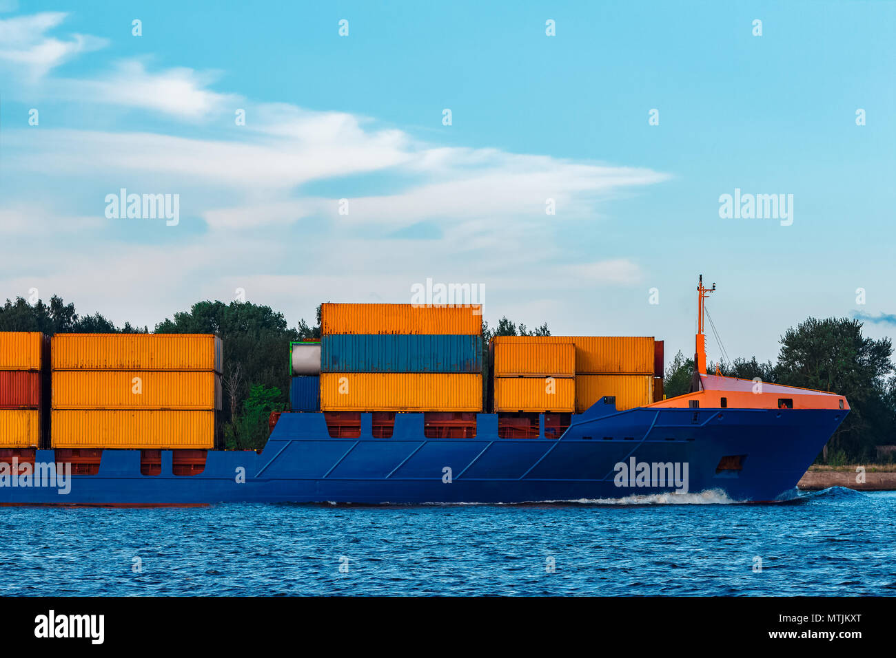 Blue container ship. Global logistics and merchandise transfer Stock ...