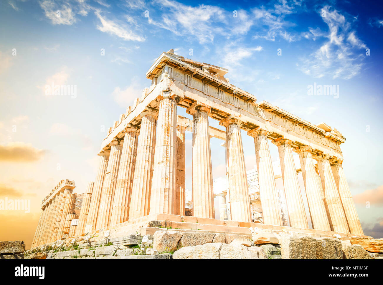 Parthenon temple over sunrise sky background, Acropolis hill, Athens Greece, toned Stock Photo ...