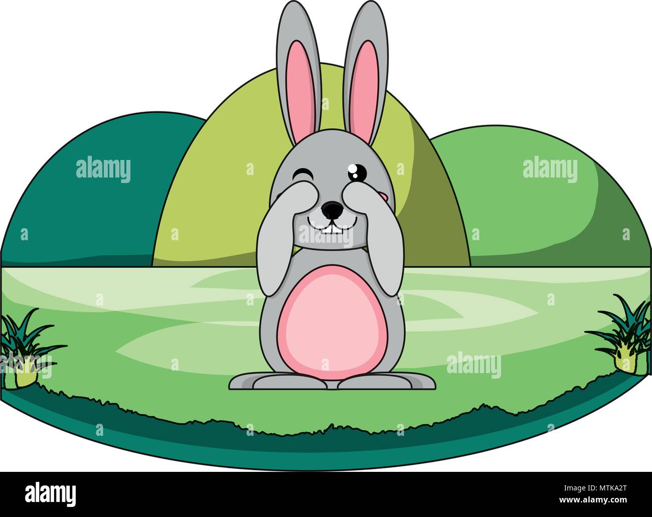 cute rabbit in the grass over white background, vector illustration ...
