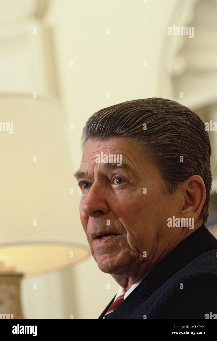 President Ronald Reagan answers a question during an exclusive ...