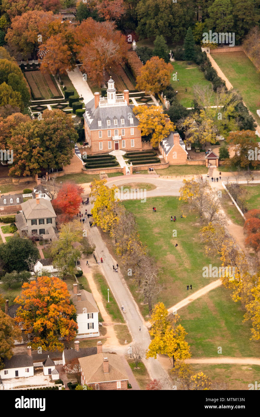 Aerial view of Colonial Williamsburg showing the Governor's Palace, the ...