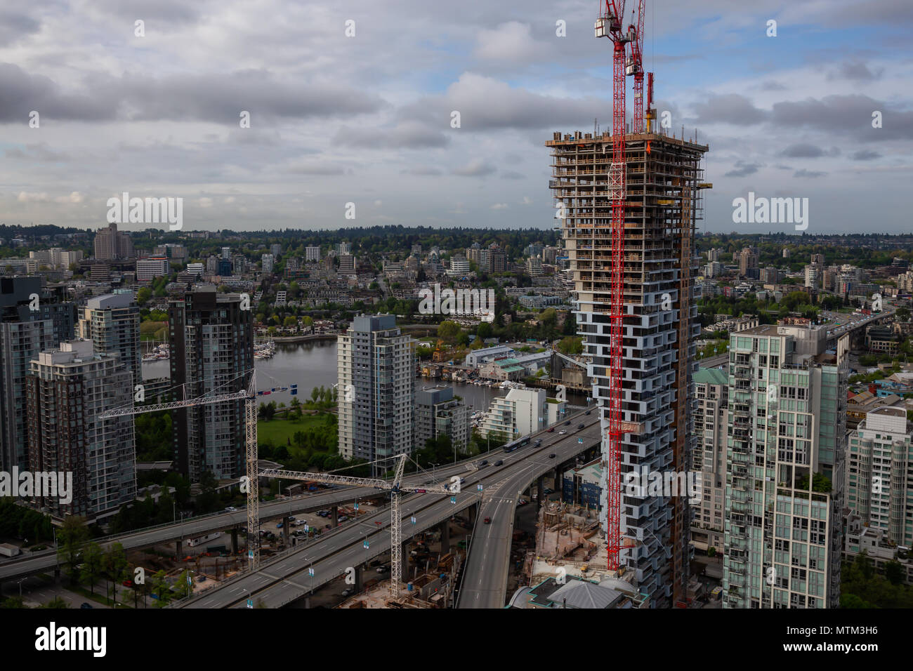 Aerial view of a modern construction site in Dowtown Vancouver, British ...