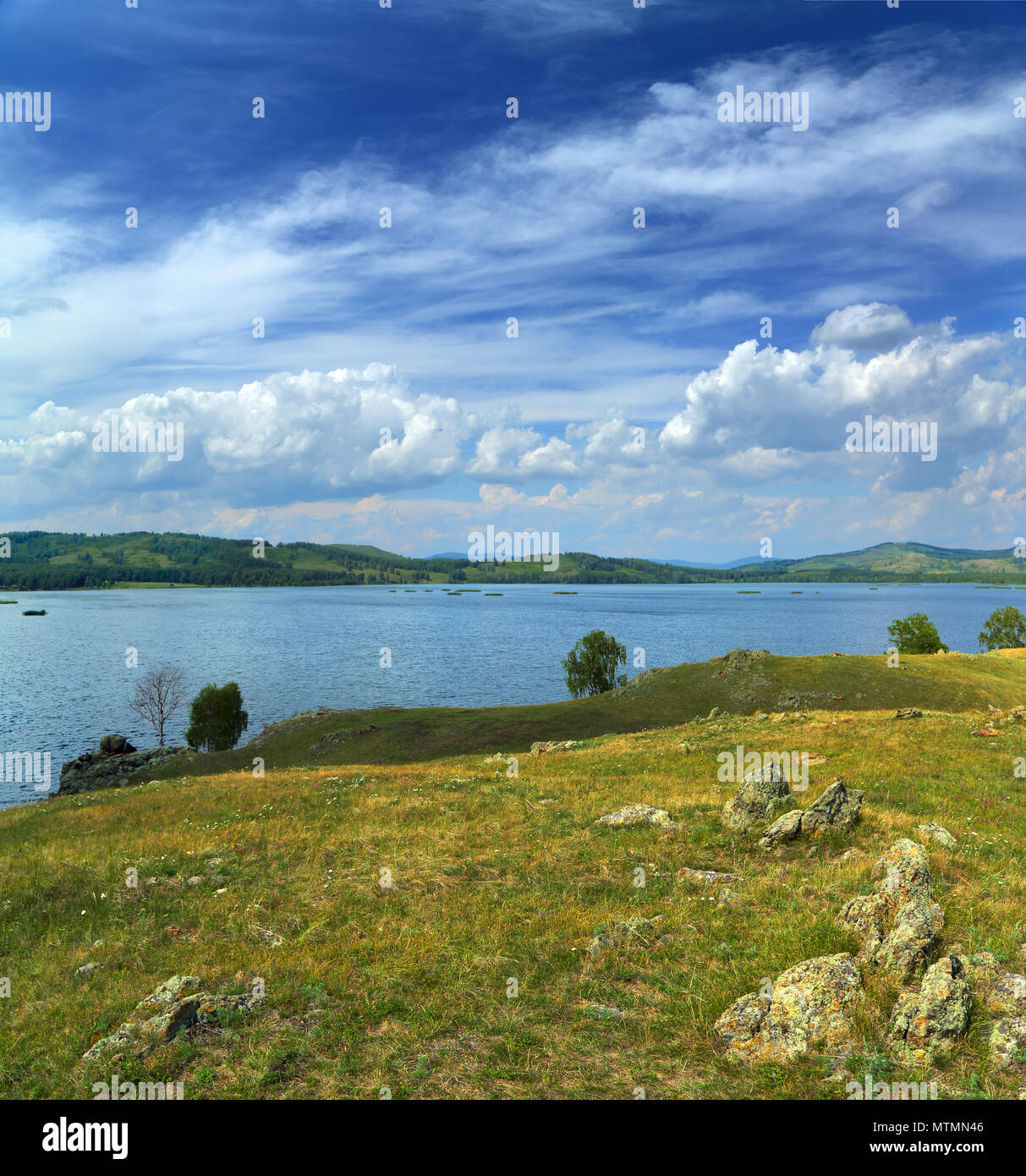 landscape with lake between hills Stock Photo - Alamy