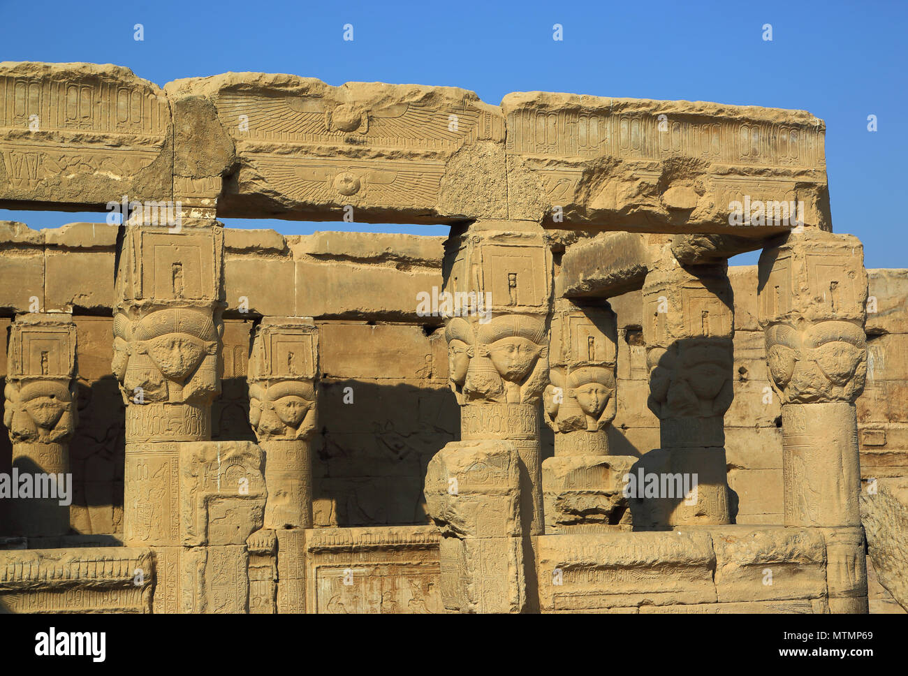 Ancient Egyptian Hathor sculptures in temple of Dendera Stock Photo - Alamy