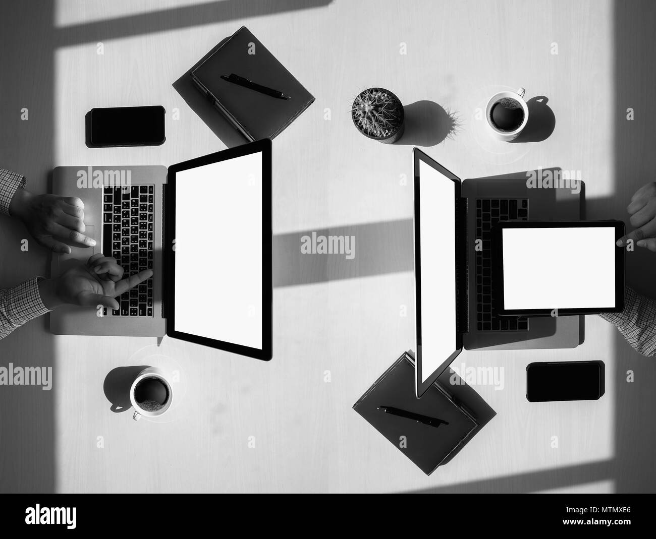 Overhead View top view man Working Desk Concept Stock Photo - Alamy