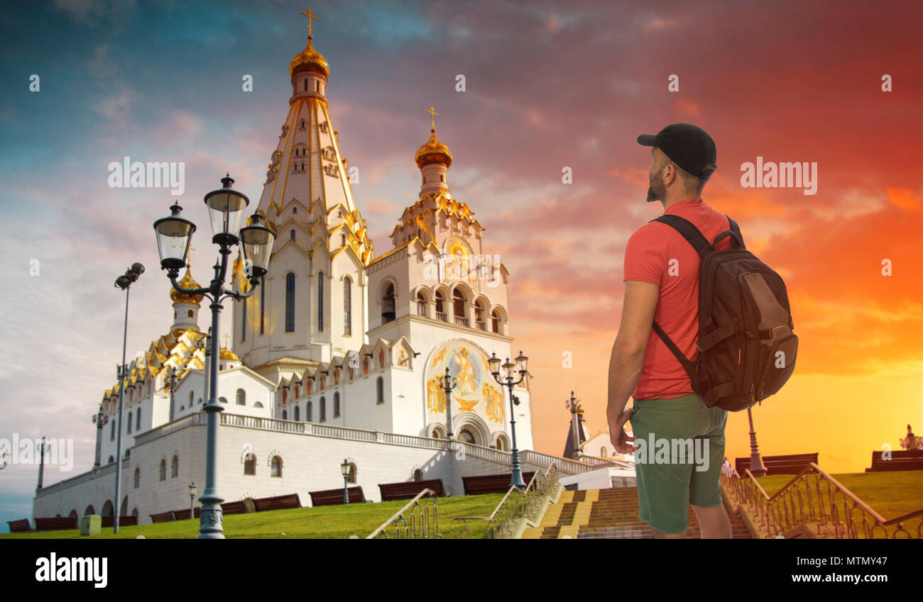 a male tourist is traveling around the city of Minsk. Belarus Stock ...