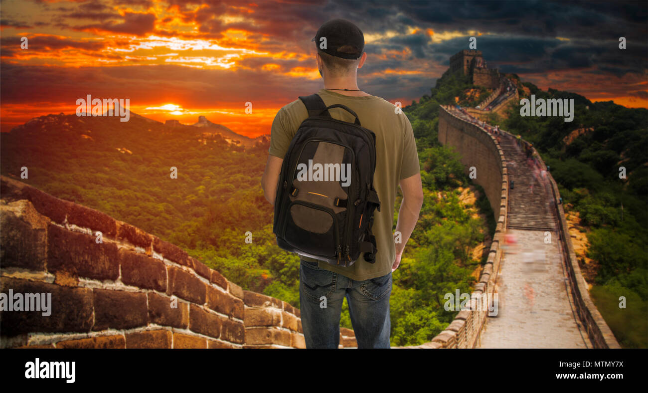 male tourist is traveling on the Great Wall of China Stock Photo - Alamy