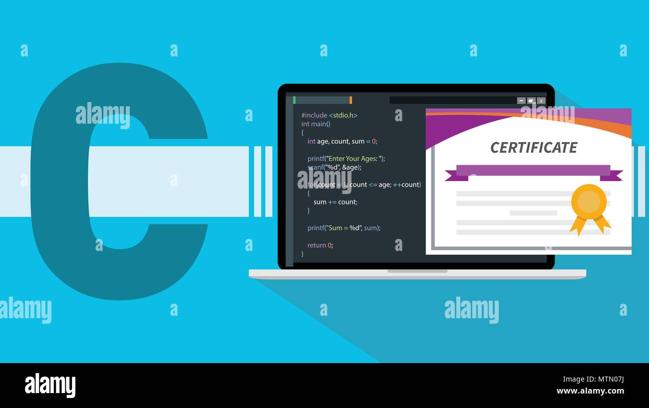 C Sharp Programming Language Certificate With Laptop And Code Script On Screen Vector