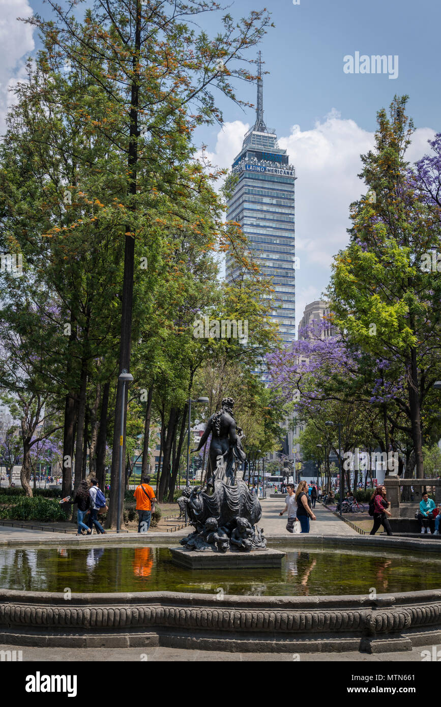 Alameda Central Park with one of the fountains and Latin-American Tower ...