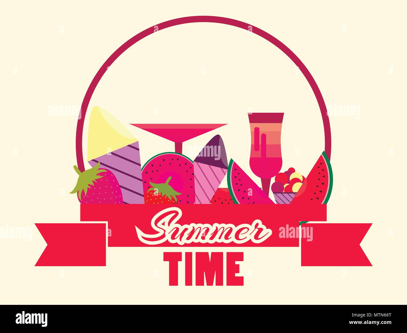 Summer time logo with fruits and ribbon. Ice cream, strawberries and ...
