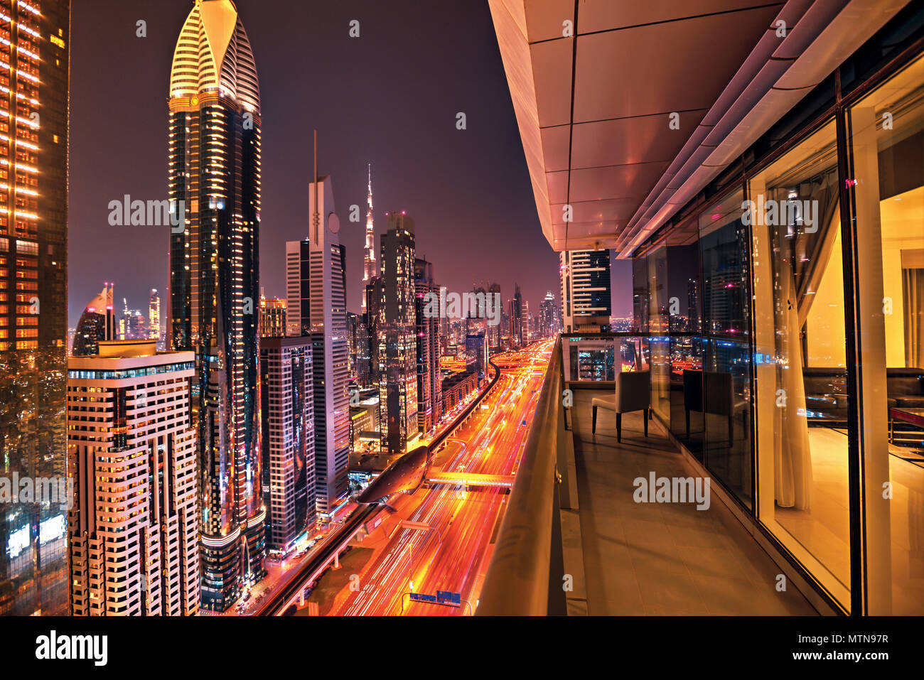 Dubai sunset panoramic view from balcony of Burj Khalifa and Sheike ...