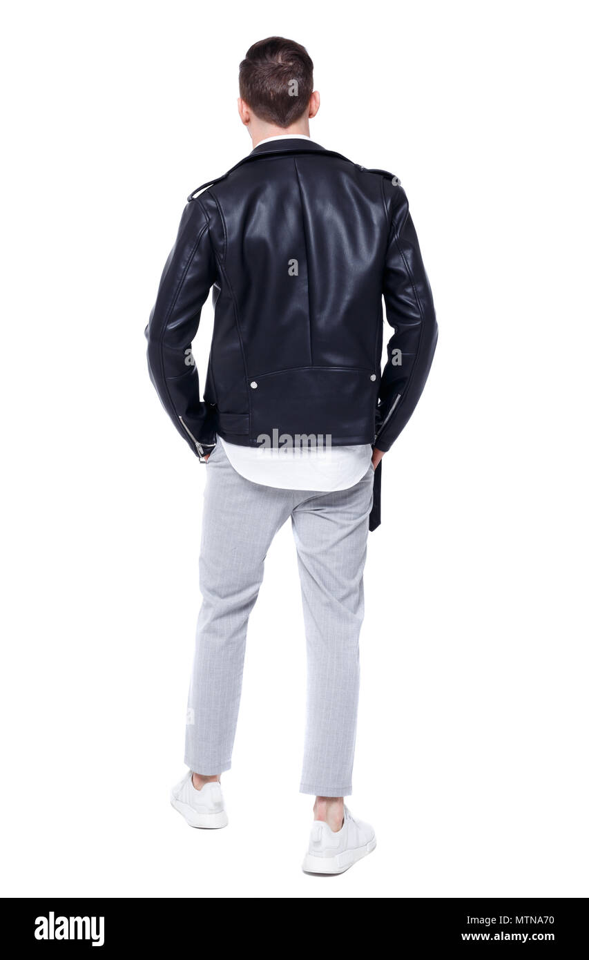 Back view of a stylish man in a leather jacket. Rear view people ...