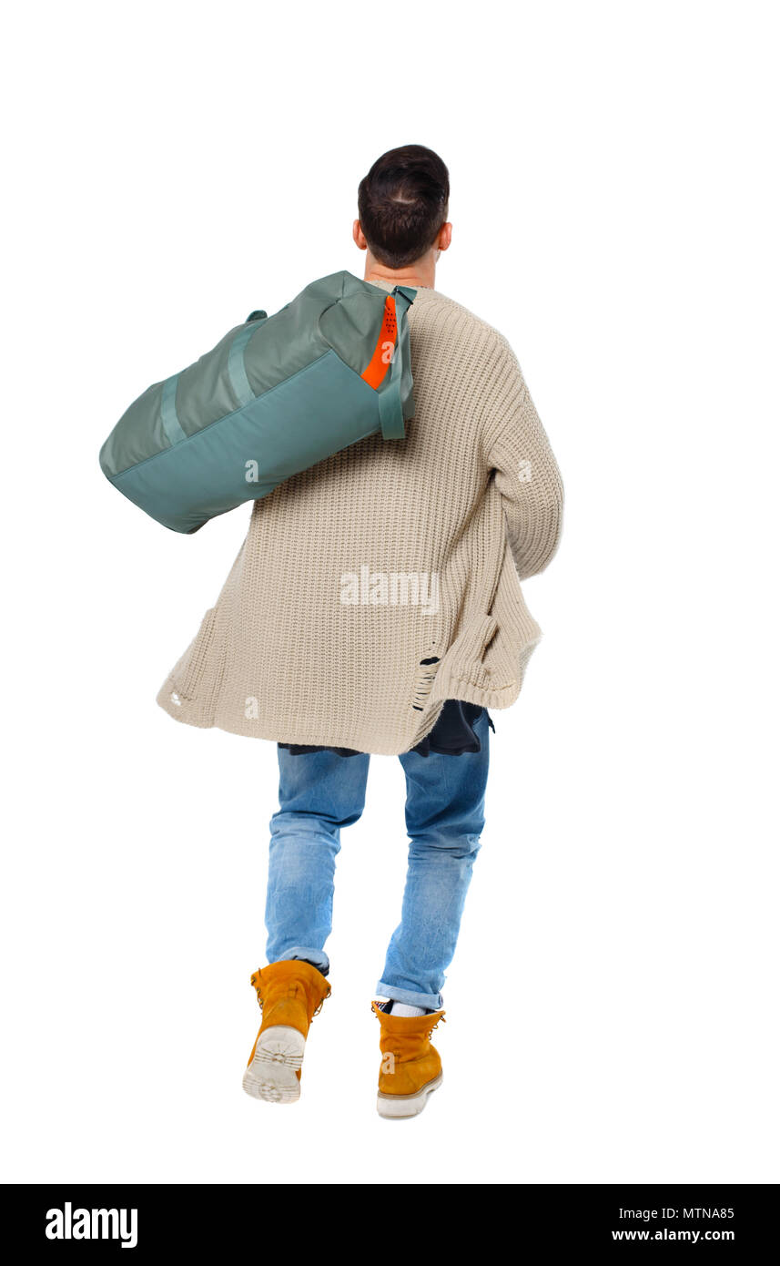 Side view of a running man with a green bag. Side view people ...