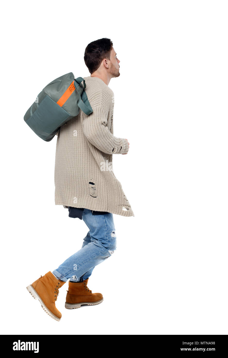 Side view of a running man with a green bag. Side view people ...
