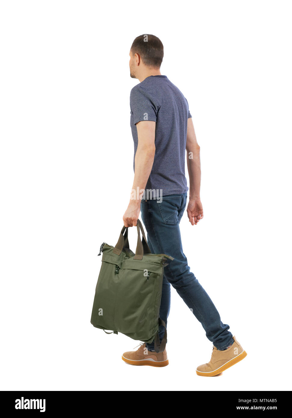 back view of walking man with green bag. backside view of person. Rear ...