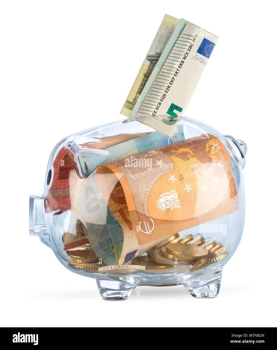 transparent see through piggy bank filled with euro coins and notes ...