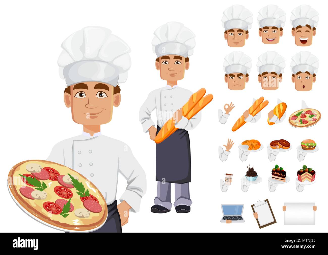Handsome baker in professional uniform and chef hat, set. Pack of body ...