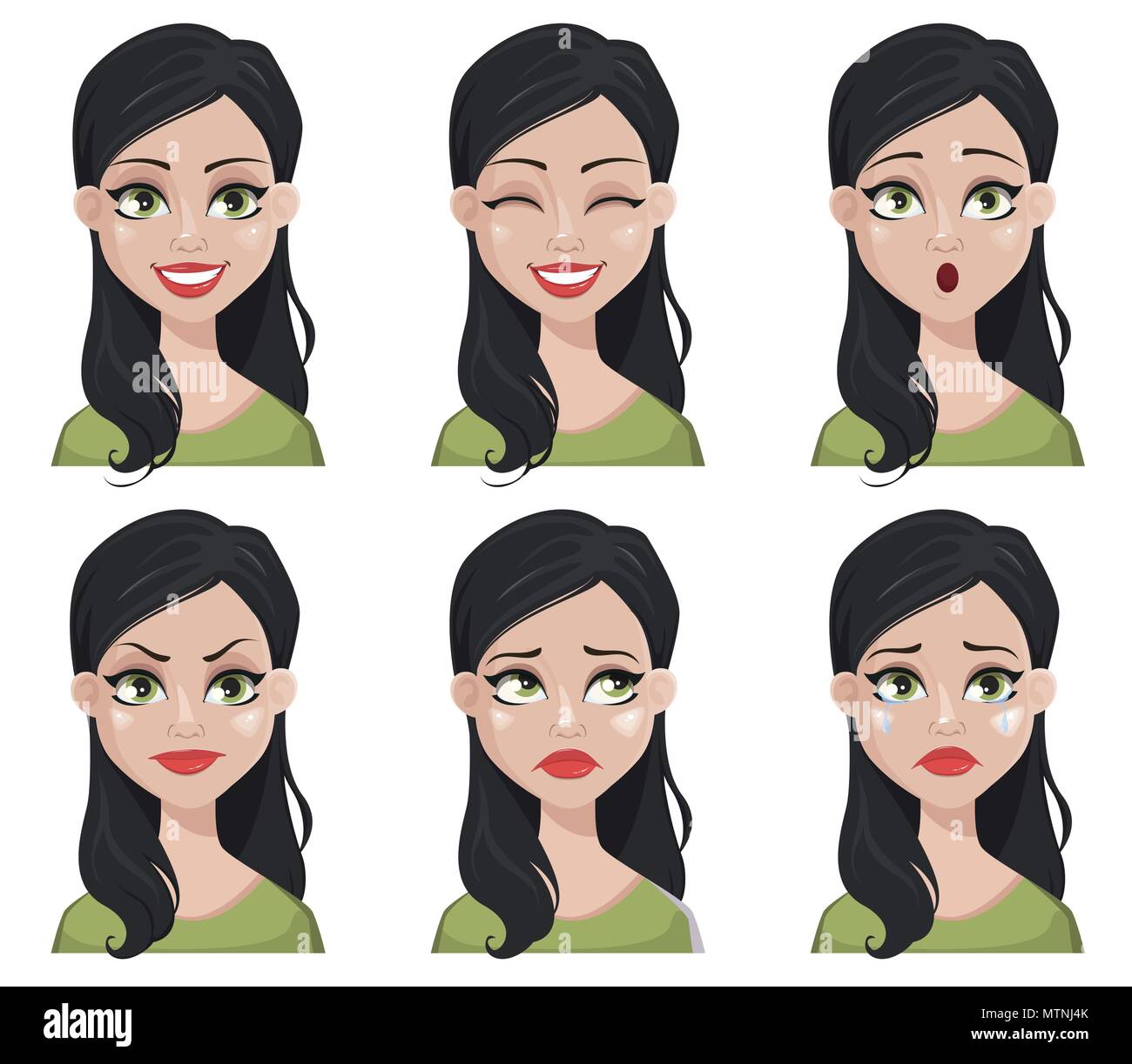 Face expressions of beautiful brunette woman in green blouse. Different ...