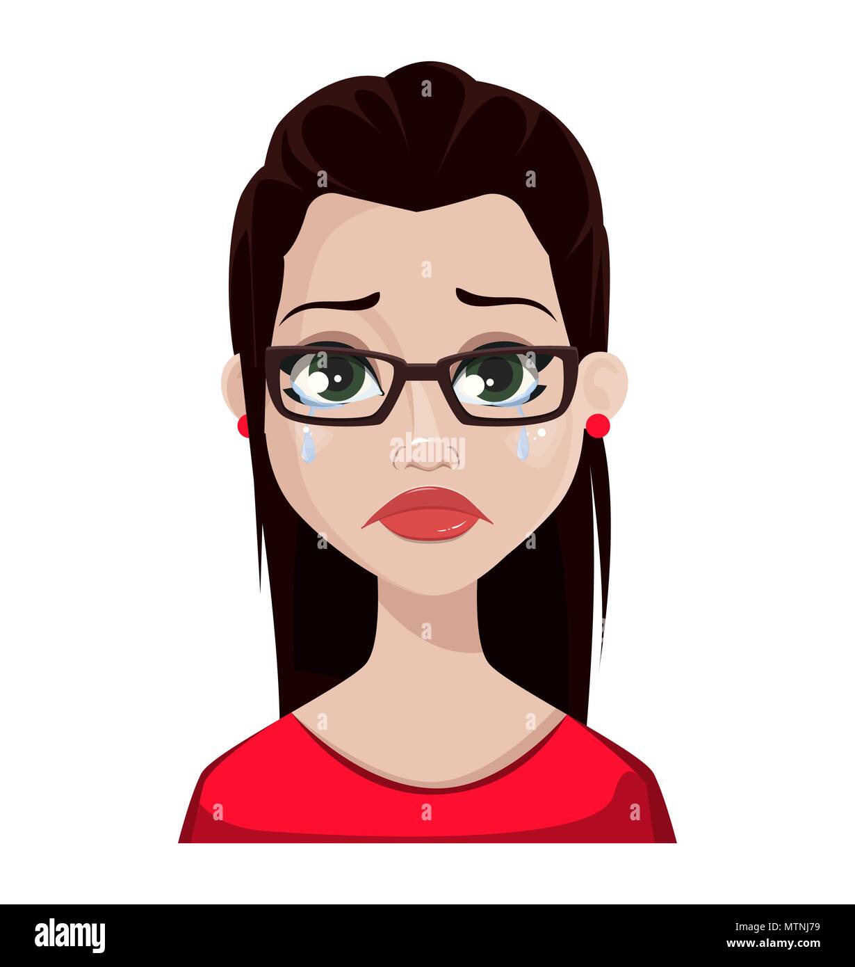 Face expression of beautiful brunette woman in glasses and red blouse ...