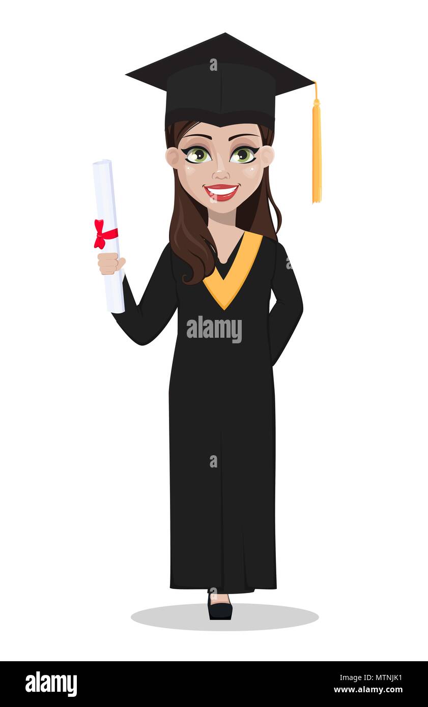 Student graduation. Beautiful lady, cartoon character holding diploma ...