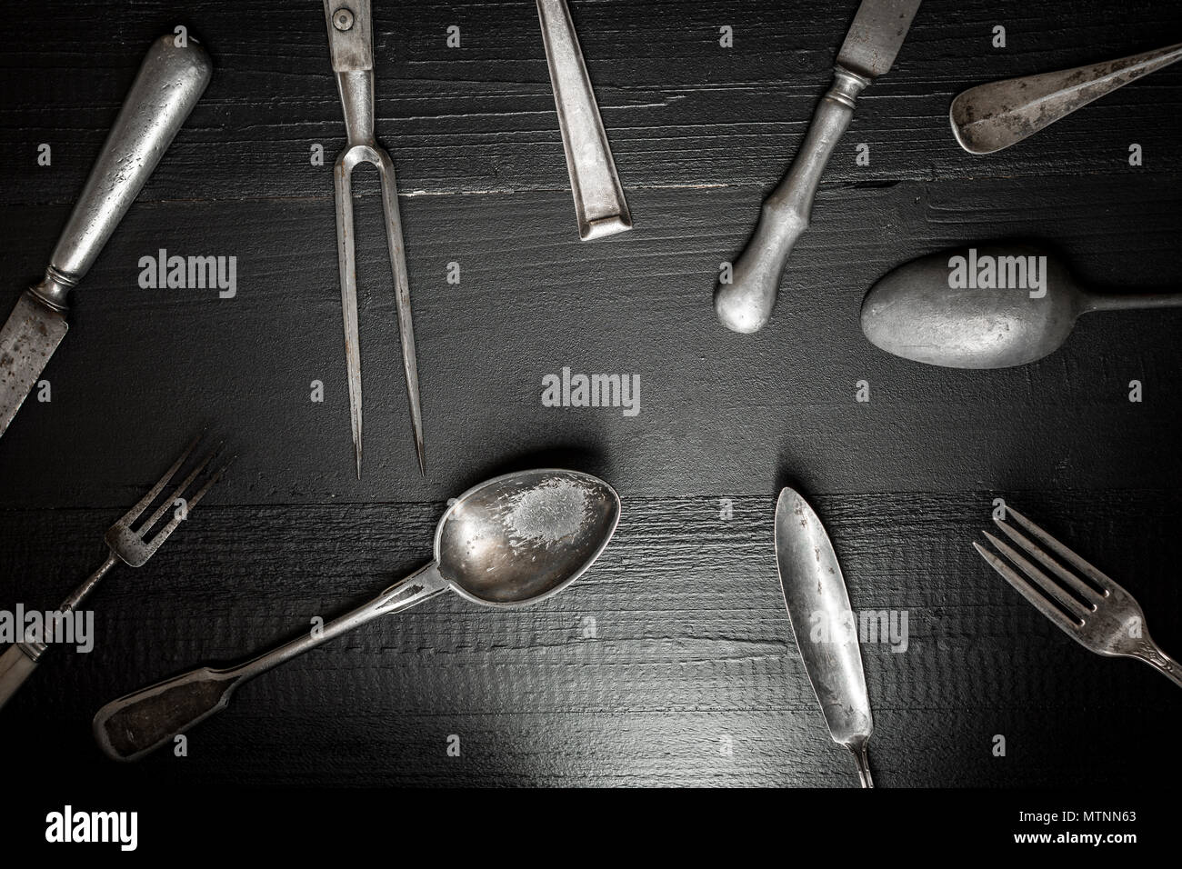 Rustic Silverware on Dark Wooden Background. Kitchen and Restaurant ...